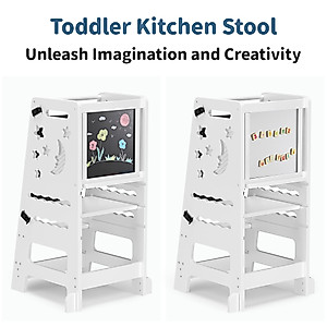 TOETOL Bamboo Toddler Kitchen Stool for Kids Step Stool - White Little Helper Tower Adjustable Height with Learning Black & White Activity Board1