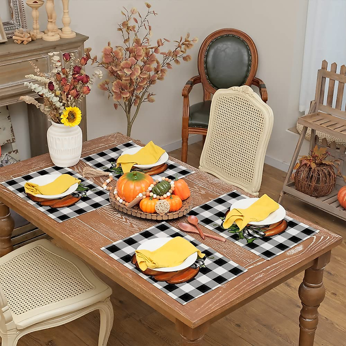 GEEORY Fall Placemats, 12x18 Inch Set of 4 Buffalo Plaid Check Pumpkins Table Decoration for Kitchen Dining, Indoor & Outdoor Dinner Party (Orange Pumpkin) GP085-18