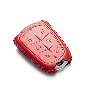 Vitodeco Genuine Leather Smart Key Keyless Remote Entry Fob Case Cover with Key Chain for 2015-2019 Cadillac Escalade, Escalade ESV (6 Buttons, Red)