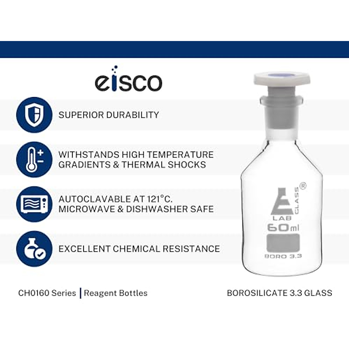 EISCO 60mL (2oz) Glass Reagent Bottle with Acid Proof Polypropylene Stopper, Borosilicate 3.3 Glass Labs