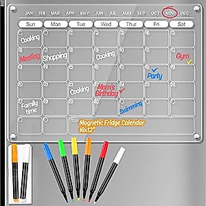 OORAII Magnetic Acrylic Calendar for Fridge Refrigerator Monthly Dry Erase Board w/ 8 Markers & Magnetic Pen Holder, Organic Glass Clear Planning Whiteboard Workout Board Meal Planner Magnetic 16x12''