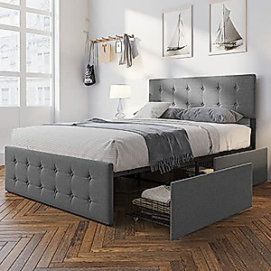 IDEALHOUSE Full Bed Frame with 4 Storage Drawers and Adjustable Headboard,Modern Grey Upholstered Bed