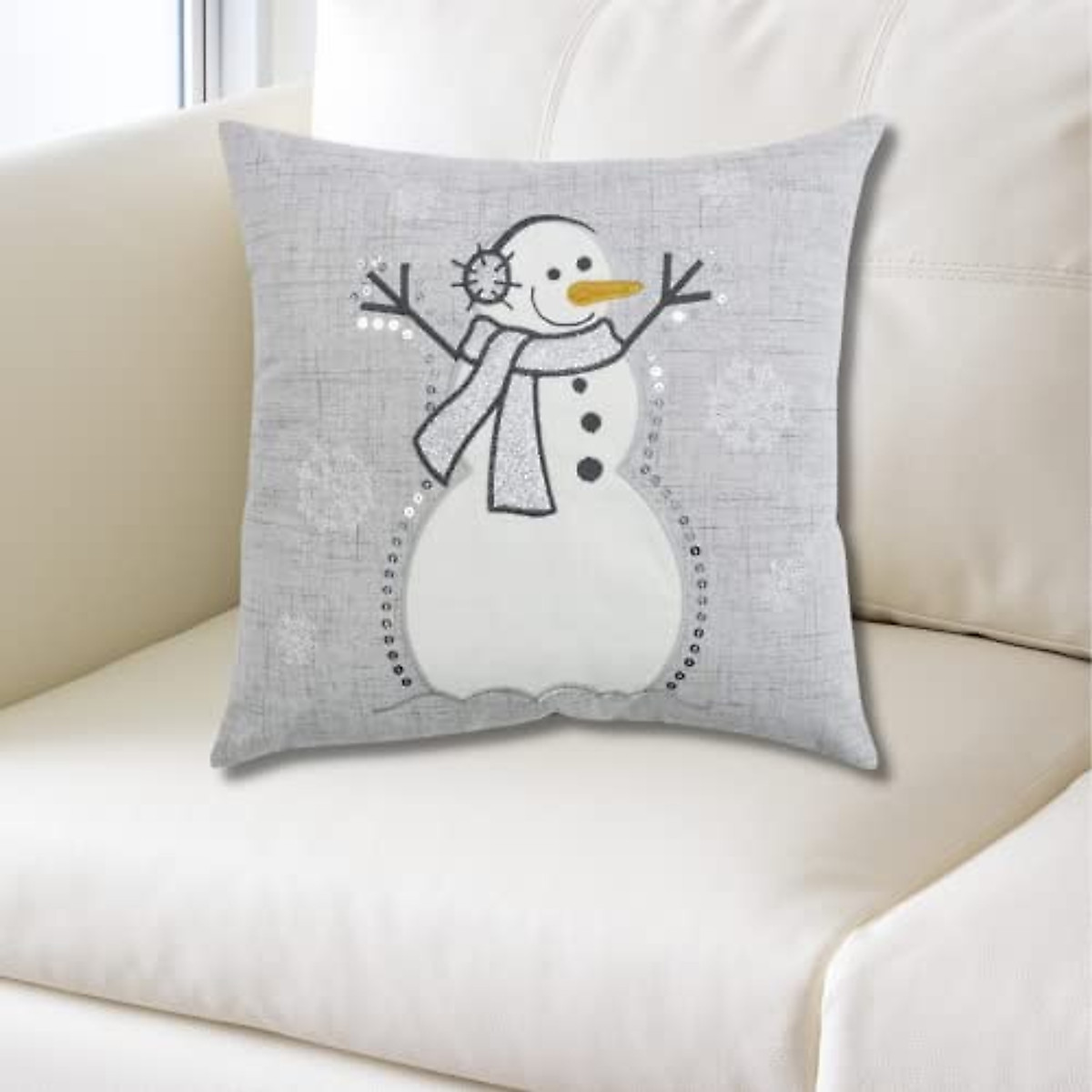 Comfy Hour Snowman Wearing A Scarf and Earphone in Snowflake Throw Pillow, 14-inches(Length), Gray, Polyester, Winter Holiday Collection