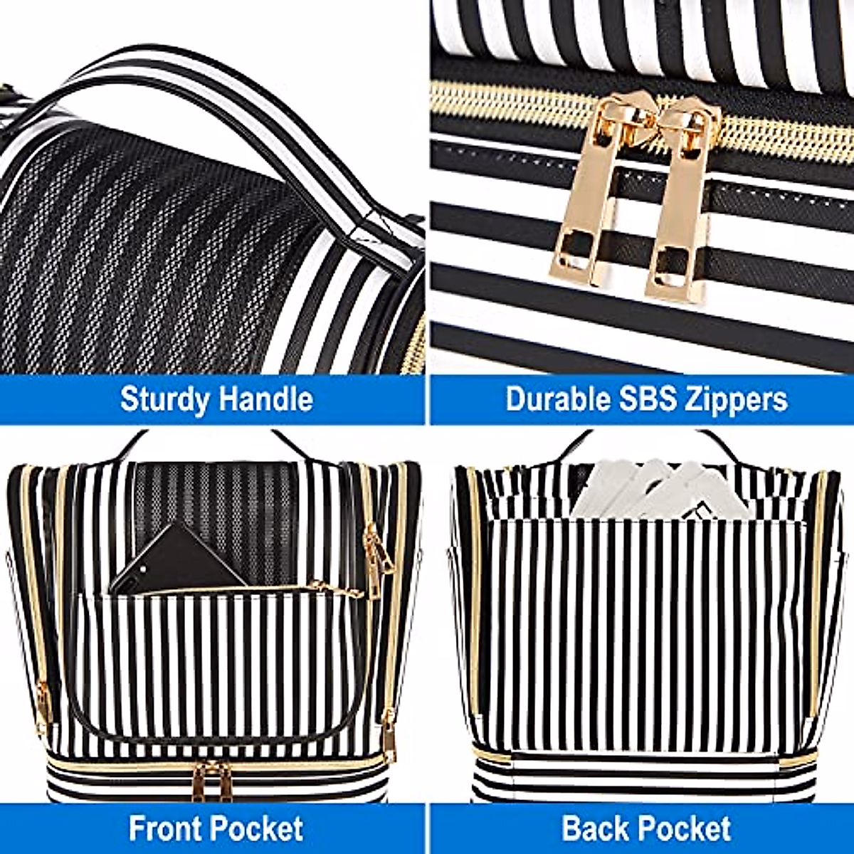 WDLHQC Large Hanging Toiletry Bag with Hook | Water Proof Zip Bag Travel Makeup Bag Organizer | Cosmetic Travel Bag for Toiletries | Travel Essentials for Women & Men Hanging Travel Bag (Black Stripe)