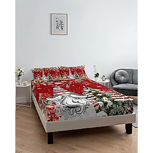 Red Christmas Fitted Sheet Set for Full Size Bed,Gnome Xmas Tree 3 Pieces Bedding Deep Pocket Bedsheet Fits Mattress Up to 16",Bottom Sheets for Bedroom Decor,Botanical Leaves