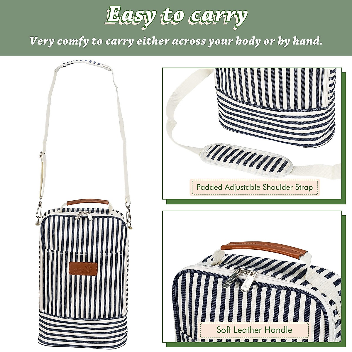 Tirrinia Insulated 2 Bottle Wine Gift Tote Bag - Wine Tumbler Glass Cooler Carrier for BYOB Restaurants, Wine Tasting, Travel, Park, Beach, Great Wine Lover Gift, Blue Stripe