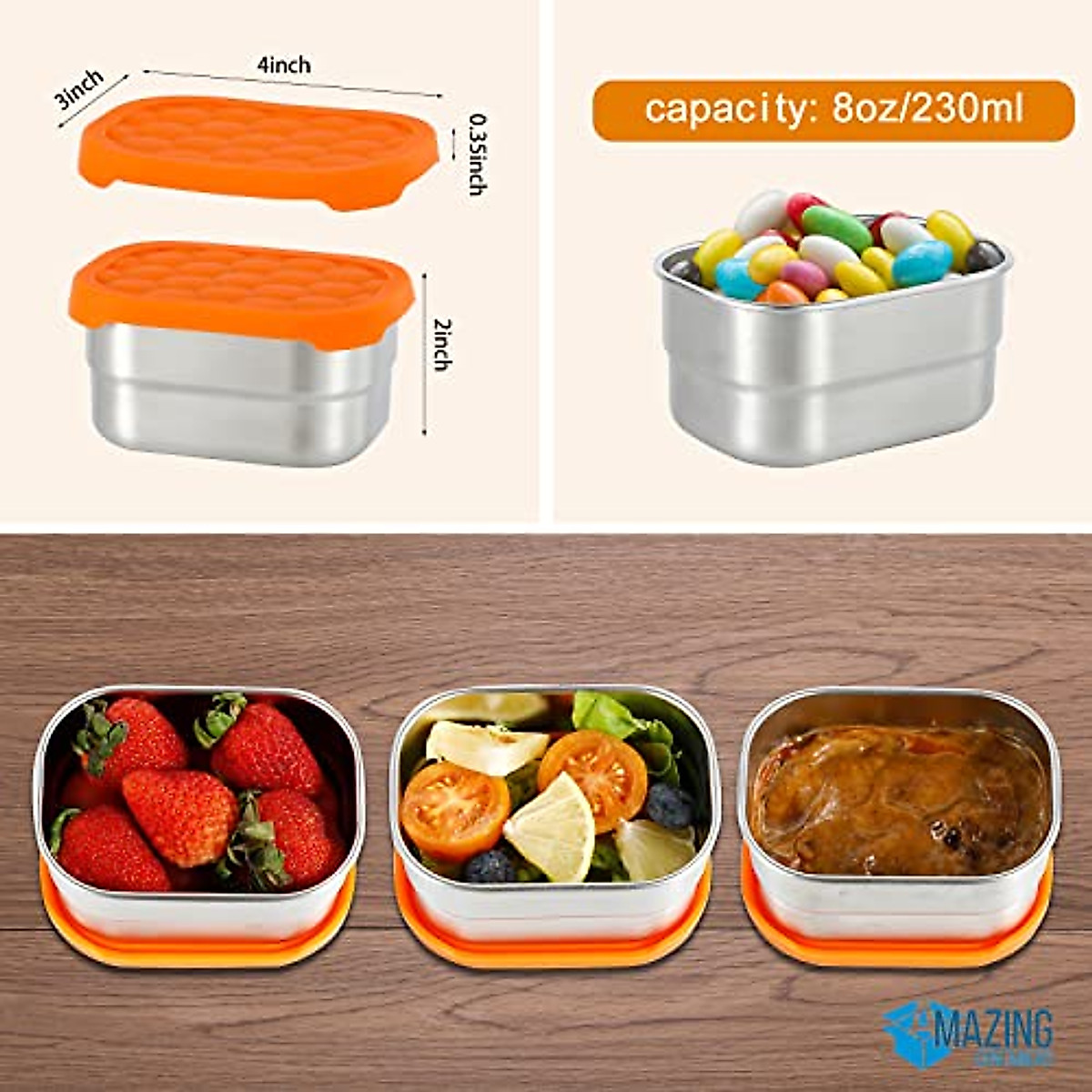 Amazing Containers| Set of 3 Stainless Steel Containers with Silicon Lids | condiments containers |On the go fruits and Snack Containers for Toddlers and Kids | Leakproof BPA Free | 8 oz (1 cup) each