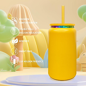 Glass Cups with Lids and Straws, 16 oz Stainless Steel Cups, Insulated Skinny Tumbler, Powder Coated Travel Mugs for Laser Engrave, Iced Coffee Cup for Smoothie Water DIY Gift (Orange,1 pack)