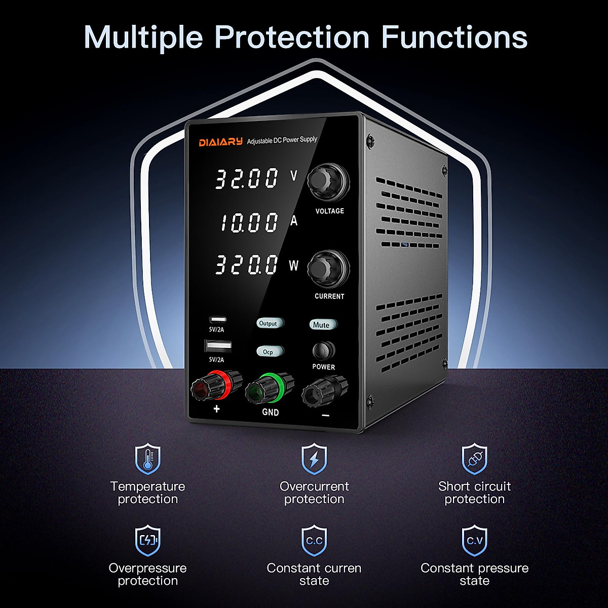 DC Power Supply Variable, Adjustable Switching Regulated Power Supply (32V 10A) with Encoder Coarse & Fine Adjustments Knob, Bench Power Supply with USB & Type-C Quick-Charge Interface