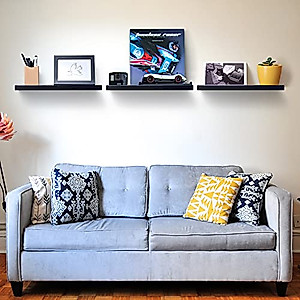 Floating Shelves, Black Wood Wall Mounted Shelves with Invisible Brackets for Bedroom Living Room Bathroom Kitchen, Shelves for Wall Decor Storage Set of 3