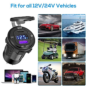 Linkstyle USB Charger Socket, 36W QC3.0 USB A & 65W USB C Socket with Dual Display Voltmeter Voltage for 12/24V Car Marine