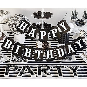 Large Black Happy Birthday Banner, Happy Birthday Bunting Sign with White Letters, Happy Birthday Decorations for Boys Women Men