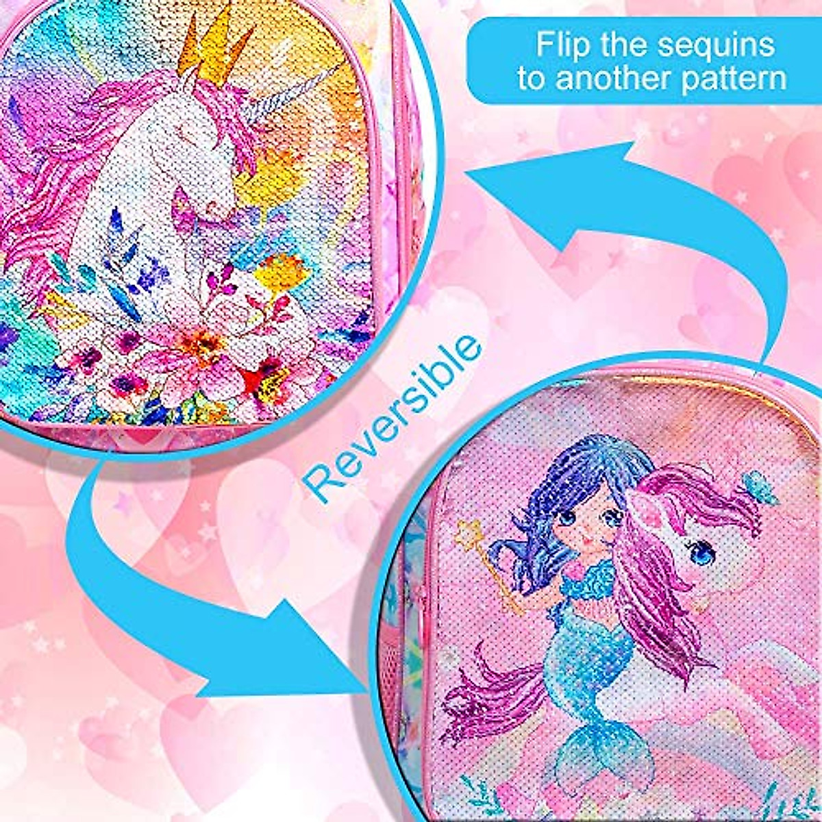 CCJPX 4PCS Kids Rolling Backpack for Girls, Unicorn Sequin Roller Wheeled Bookbag Toddler Elementary School Bag with Wheels One Size