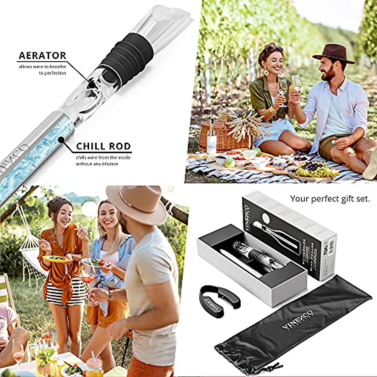 Wine Chiller Set + Foil Cutter, Stopper, Pouch, Ebook - Premium 3-in-1 Stainless Steel Bottle Cooler Stick Chill Rod, Decanting Aerator & Drip-Free Pourer | Design Bar Tasting Accessory Gift Men Women