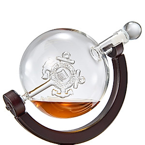 Coastguard Gift Whiskey & Wine Decanter Set & 4 Liquor Glasses - US Coast guard 800 ML Whiskey Decanter & 11 OZ Glass Set with Wood Base - Gifts for Men - Bourbon and Scotch Decanter Military Gifts