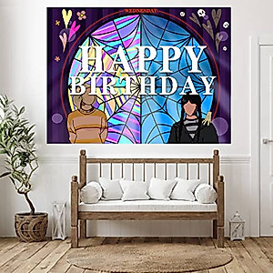 Wednesday Banner Happy Birthday Backdrop Horror Fantasy TV Drama Theme for Wednesday Party Supplies Boys Girls Fans Room Bedroom Playroom College Dorm and Apartment Decor Birthday Party Decorations