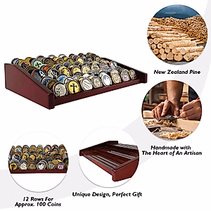 ASmileIndeep 12 Rows Military Challenge Coin Holder Display Case Holds 90-100 Coins, Solid Wood Army Coin Rack Display Stand for Desktop, Mahogany