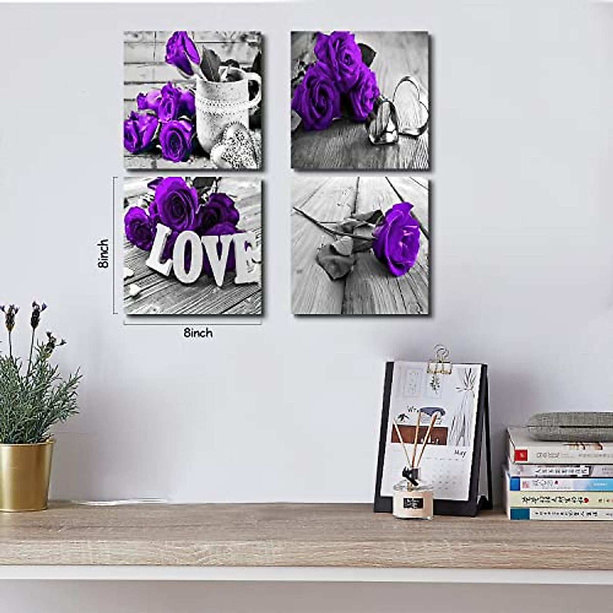 Purple Pictures Wall Decor Flowers Canvas Wall Art for Couples Bedroom Romantic Rose Bathroom Painting Black and White Grey Love Themed Floral Poster Living Room Modern Home Decorations 12x12" 4 Pcs