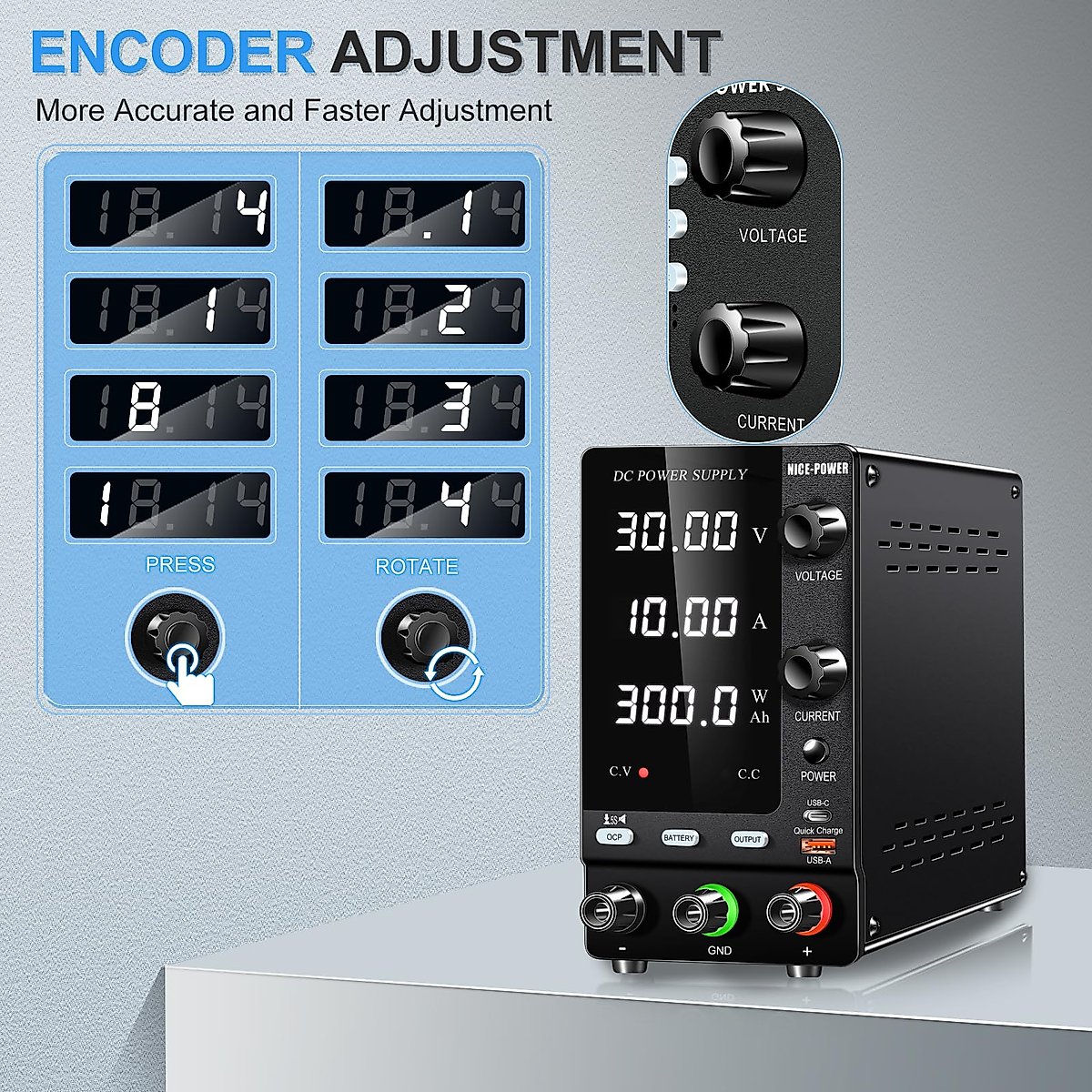 NICE-POWER DC Power Supply Variable 30V 10A, 300W Encoder Adjustable 6V 12V 24V LiFePO4 Lithium Ion etc. Battery Charger Regulated Lab Bench Power Supply Output Switch/OCP Function/Quick Charge Port