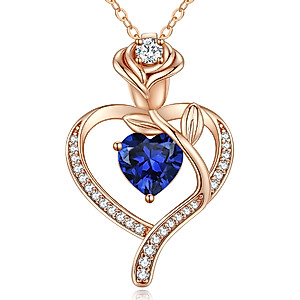 LOUISA SECRET Rose Flower Heart Birthstone Necklaces for Women, 925 Sterling Silver Fine Jewelry, Pendant Heart Necklaces Birthday Anniversary Christmas Gift for Women Wife Mom Girlfriend Lady
