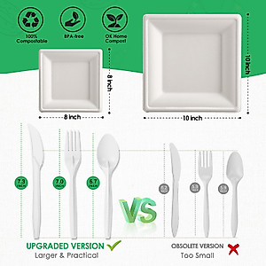 Gezond Compostable Paper Plates Set 300pcs Disposable Sugarcane Plates 10 Inch Eco-friendly White Square Plates with Napkins Biodegradable Heavy-duty Utensils for Party