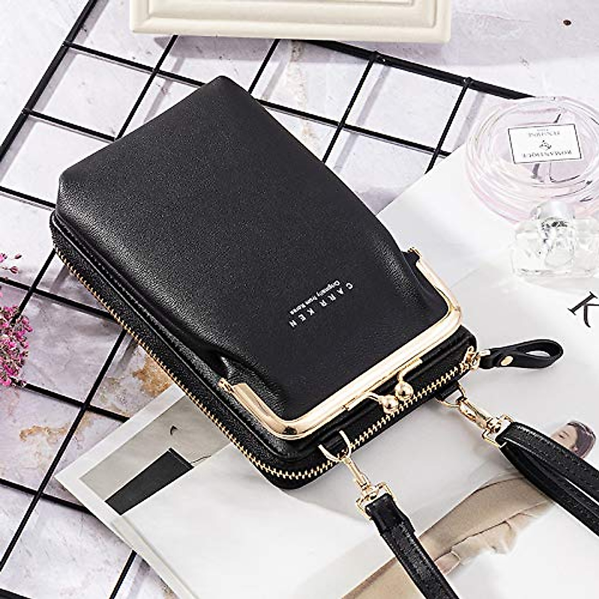 FFpaw Small Crossbody Purse for Women,Cellphone Shoulder Bags Lightweight PU Leather RFID Blocking Wallet Credit Card Holder(Black)