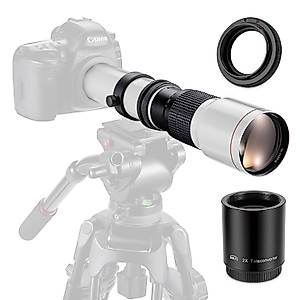 JINTU 500-1000mm f/8 Manual Telephoto Lens + T-Mount for Canon EOS Rebel SL2 SL1 T3 T3i T4i T5 T5i T6 T6i T6s T7 T7i 4000D 6D 7D 60D 70D 77D 80D 5D II/III/IV 550D 650D SLR Camera Lenses