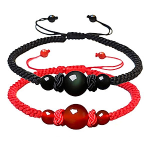 MENGLINA Men Women Handmade Lucky Chinese Knot Adjustable Rope Couple Bracelets Natural Red Agate Stone Black Obsidian Ball Beads Braided Feng Shui Bracelet Lovers Jewelry (Multicolor)