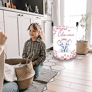Rucekia Custom Name Laundry Hamper Kids with Elephant Print, Personalized Laundry Basket for Nursery Girl, Customize Baby Name Laundry Baskets for Boys Girls Adults 2 Sizes