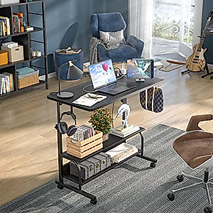 Height Adjustable Standing Desk with Power Outlets, 32" Manual Stand Up Desk with Storage Shelves Small Mobile Rolling Computer Desk Portable Laptop Table with Wheels for Home Office, Black