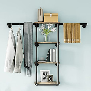 Wall Mounted Pipe Clothing Rack with Shelves, Industrial Clothes Rack with 4 Tier Closet Bar Heavy Duty Iron Garment Rack, Retail Display Clothes Rod for Hanging Clothes,Laundry Room (Black)