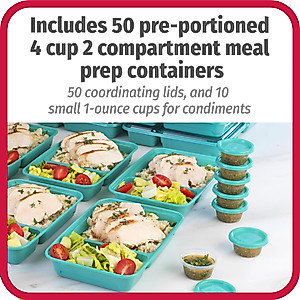 GoodCook Meal Prep 2-Compartment Reusable Food Storage Container Set with 50 Containers, Lids and Condiment Cups, Blue