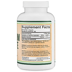 Magnesium Glycinate 400mg, 180 Capsules (Vegan Safe, Third Party Tested, Gluten Free, Non-GMO) High Absorption Magnesium by Double Wood Supplements