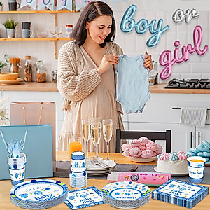 DYLIVeS Blue Baby Shower Decorations, It's a Baby Boy Paper Plates and Napkins Cups Forks Disposable Tableware for Gender Reveal Party Supplies, Sweet Baby Boy Shower Birthday Party Favors, Serve 24