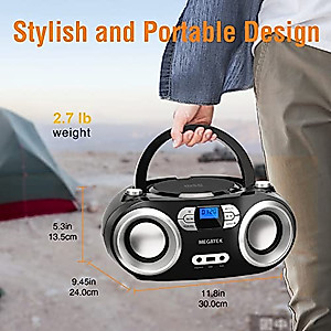 MEGATEK Portable CD Player Bluetooth Boombox with FM Radio, USB, Aux and Headphone Jack, CD-R/RW and MP3 CDs Compatible, Stereo System for Home with Dual Speakers, AC/Battery Operated - Black