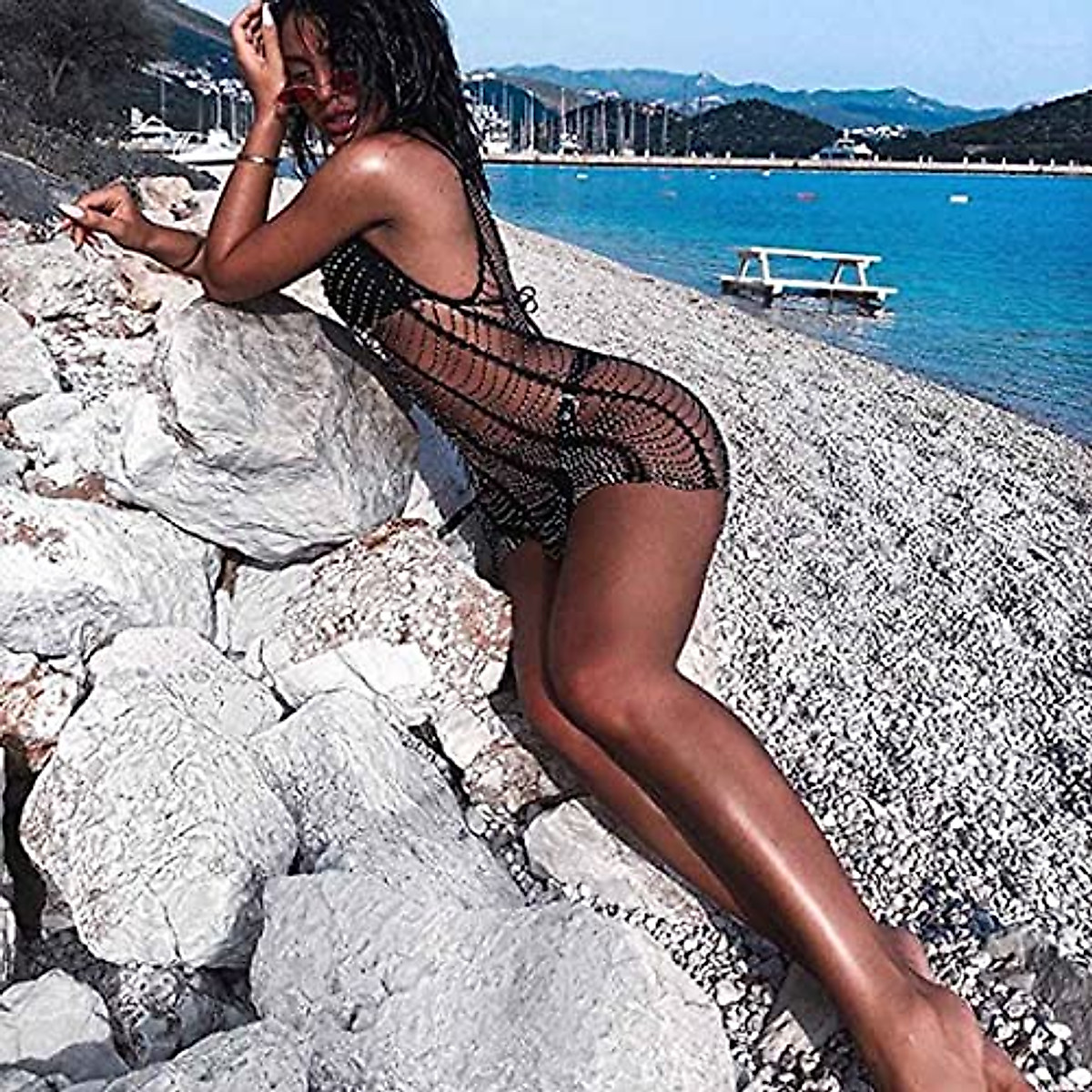 Aiosy Rhinestone Mesh Cover Up Skirt Fishnet Bikini Cover Up See Through Dress Skirts Crystal Rave Outfits Swimwear Party Women Body Accessories Black