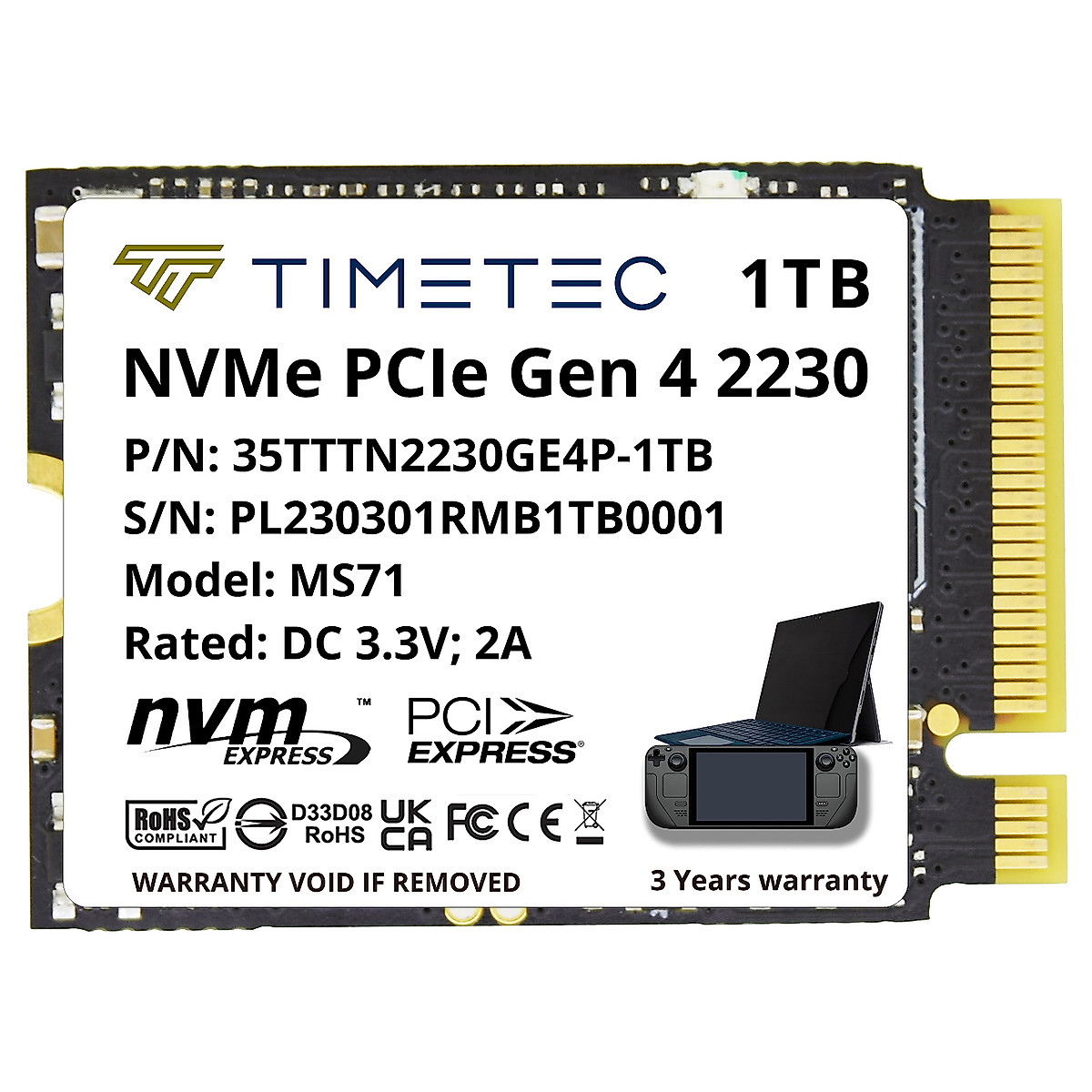 Timetec 1TB M.2 2230 SSD NVMe PCIe Gen4x4 Read Up to 5,100 MB/s Compatible with Steam Deck, ASUS ROG Ally, Microsoft Surface pro 9/ pro 8/pro 7+/pro X/laptop3/laptop4/laptop go/book3, Mini PCs
