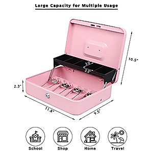 xydled Cash Box with Money Tray and Key Lock,Tiered, Cantilever Design,4 Bill / 5 Coin Slots,11.8" x 9.5" x 3.5",Pink