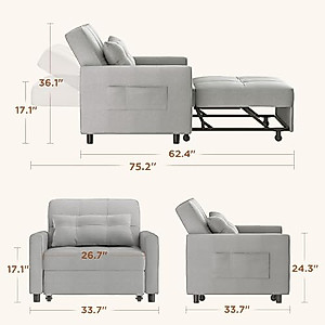 Noelse 3-in-1 Convertible Sofa Bed, Sleeper Chair Bed Pull Out Chair Bed, Sofa Bed with Adjustable Backrest, Single Sleeper Sofa Comfy Chair for Living Room Apartment (Light Gray)