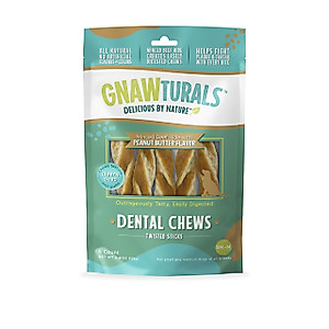 Gnawturals Dental Chews Twisted Sticks | for Medium Dogs | Natural Scrubbing Action to Fight Plaque and Tartar While Refreshing Your Dog's Breath (5 Sticks, Peanut Butter)