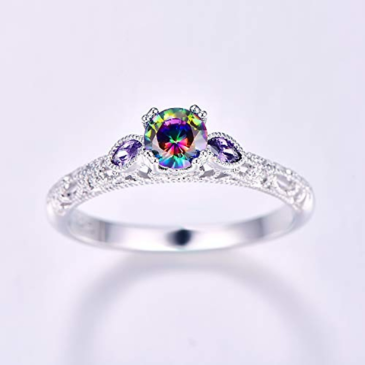 Pakula Women Silver Tone Simulated Rainbow Topaz Stacking Gemstone Finger Ring Fashion Jewelry Gift Wife Party Band