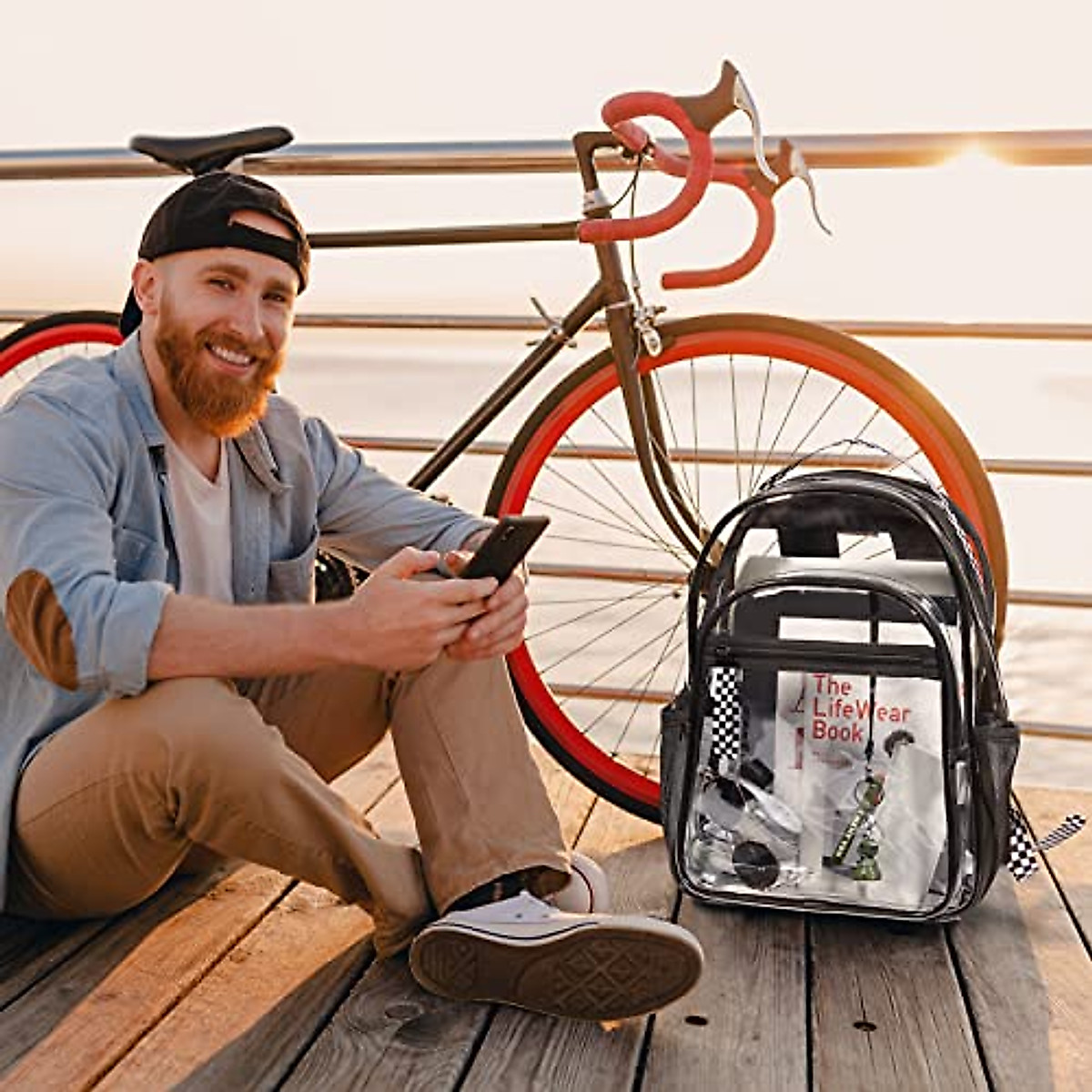 LIGHT FLIGHT Large Clear Backpack with Reinforced Padded Straps Heavy Duty PVC Transparent Backpack See Through Bookbags for Work,Travel, Black