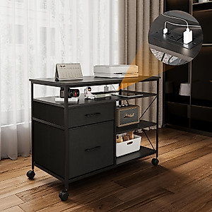 WASAGUN 2 Drawer Fabric File Cabinet, Rolling Printer Stand with Charging Station and 4 Open Storage Shelves, Mobile Lateral Filing Cabinet fits A4 or Letter Size, for Home Office, Brown