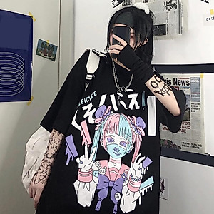 Women Summer Gothic T-Shirt Anime Aesthetic Print Harajuku Fashion Casual Tops (Black3, XL)