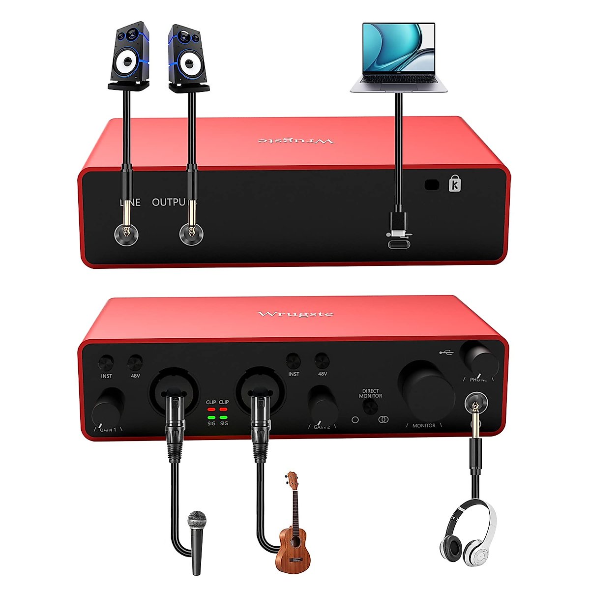 Wrugste Audio Interface for Recording Podcasting and Streaming Ultra-low Latency Plug&Play Noise-Free XLR Audio Interface(24Bit/192kHz)+48V Phantom Power for PC