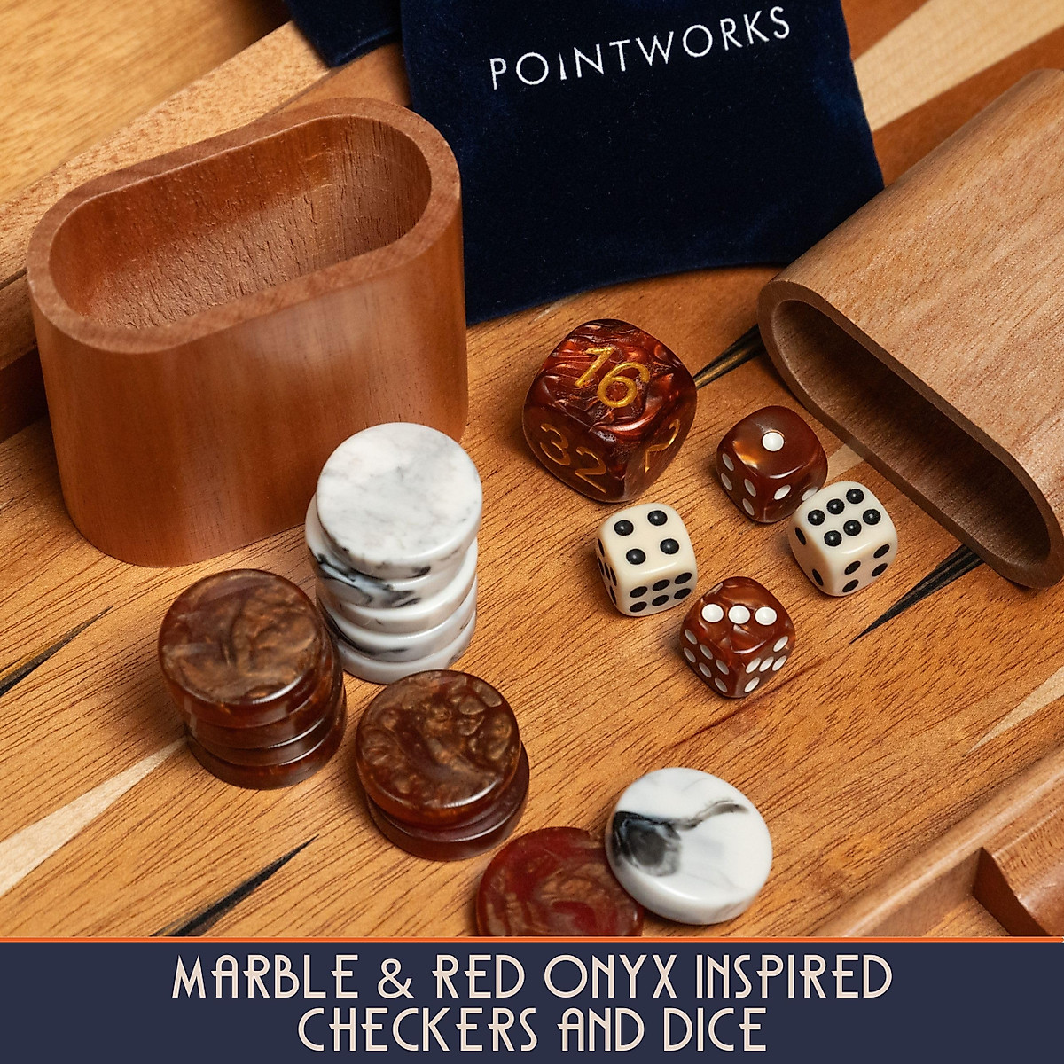 Pointworks 17 Inch Backgammon Sets for Adults. Beautiful Wood Inlaid Backgammon Board Game Set with Unique Checkers & Dice. Large Travel Backgammon Set for Adults, Backgammon Game for 2 Players