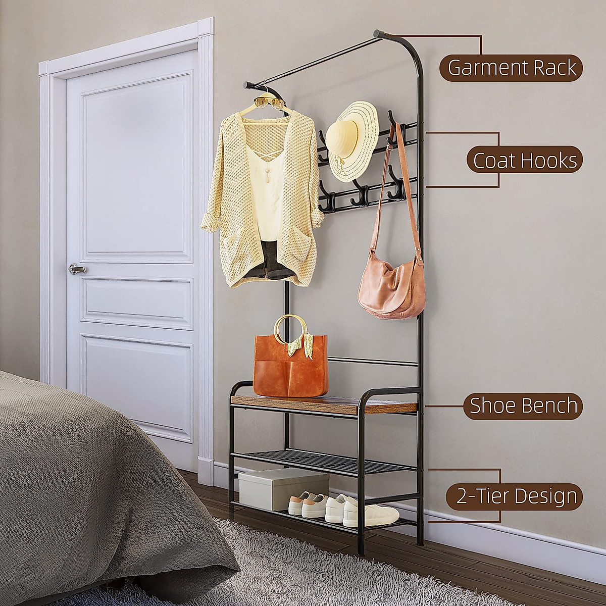 IDEALHOUSE Hall Tree, Entryway Bench, Coat Rack Freestanding Shoe Bench, 3 in 1 Hall Tree Entryway Storage Bench, Multifunction Bench with Steel Frame, 8 Large Hooks, 3-Tier Storage Shelf