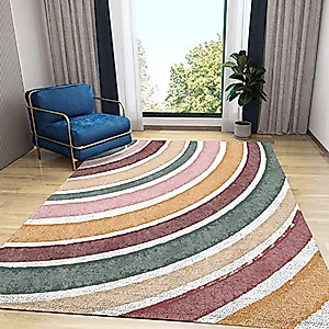 Mid Century Boho Rainbow Sun Area Rug, Retro Geometric Sunrise Bedroom Carpet, Soft Machine Washable Non-Slip Durable for Living Room Bedroom Study Dining Room Boy Girl Decor6 x 8ft