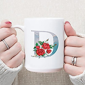 Monogram Letter D Coffee Mug Watercolor Blue Letter Rose Flower Funny Coffee Mugs Alphabet Letters Drinking Cups Drinking Cups with Handle Retirement Gifts For Mom Dad Grandma Grandpa Women Men 15oz