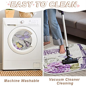 Kuquteed Purple Flowers Romantic Paris Oval Door Mat, Absorbent Floor Mats, Non-Slip Entryway Area Rugs, Soft Oval Floor Carpet for Bathroom Kitchen Bedroom Decor